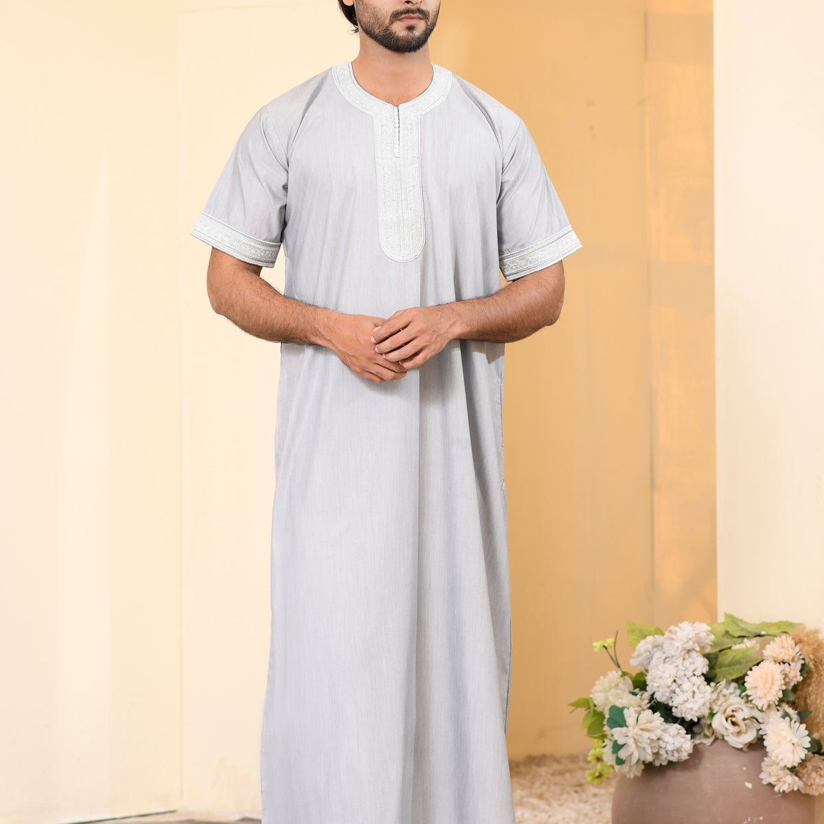 Mens Half Sleeve Jubba/Thobe with Knotted Bead Design – Safa Islamic ...